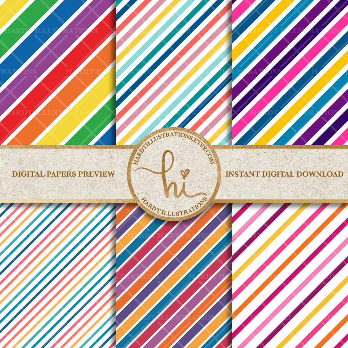 Rainbow Stripes Digital Paper Bright Candy Stripes Design - Etsy