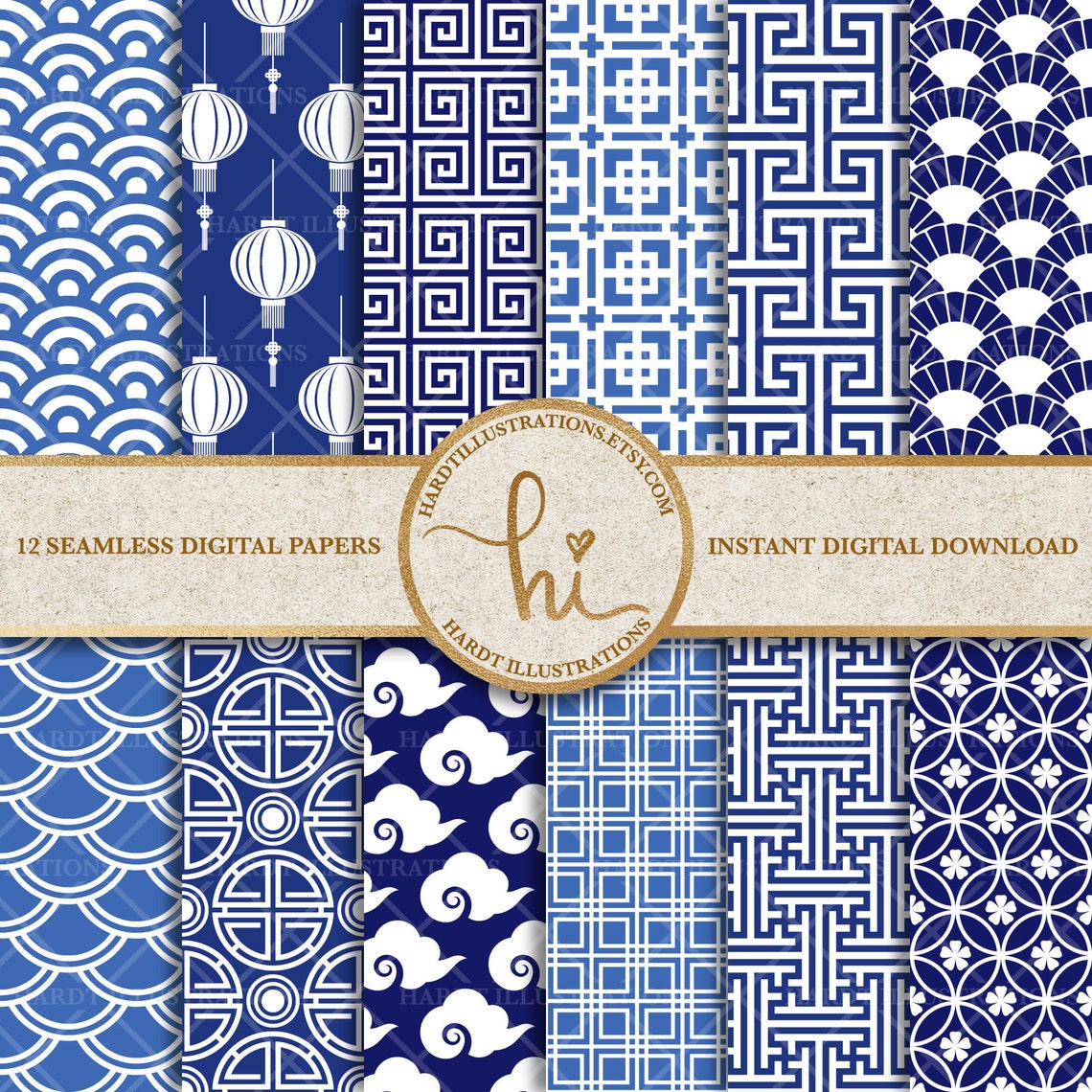 Blue & White China Digital Paper China Blue Geometric Asian - Etsy