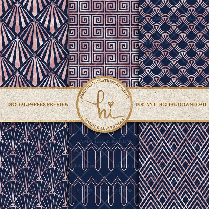 Navy & Rose Gold Foil Art Deco Digital Paper Geometric - Etsy