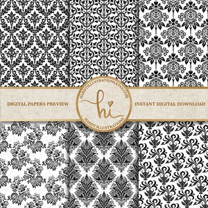 Black & White Damask Digital Paper, Vintage Damask Background ...