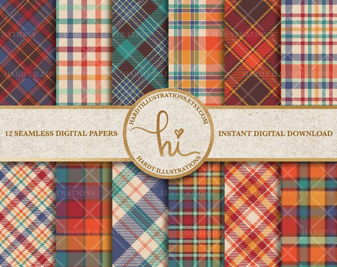 Retro Autumn Plaid Digital Paper, Checkered Design, Vintage Plaid Check ...