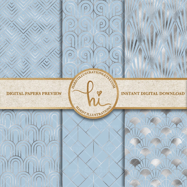 Baby Blue & Silver Foil Art Deco Digital Paper Geometric - Etsy