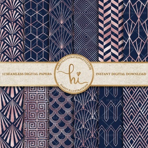 Navy & Rose Gold Foil Art Deco Digital Paper, Geometric Design, Vintage ...