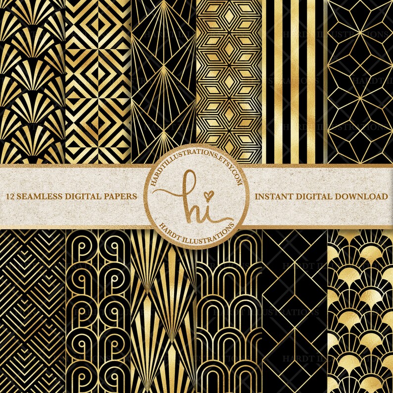 Black & Gold Foil Art Deco Digital Paper Geometric Design - Etsy
