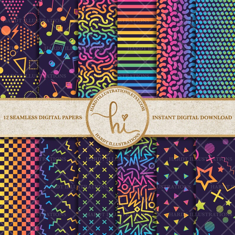 Bright Rainbow Retro Digital Paper Holographic Neon Ombre - Etsy