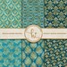 Teal & Gold Foil Damask Digital Paper, Vintage Turquoise Background ...