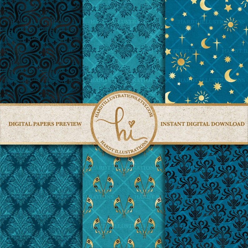 Teal & Gold Foil Heraldic Digital Paper Turquoise Medieval - Etsy