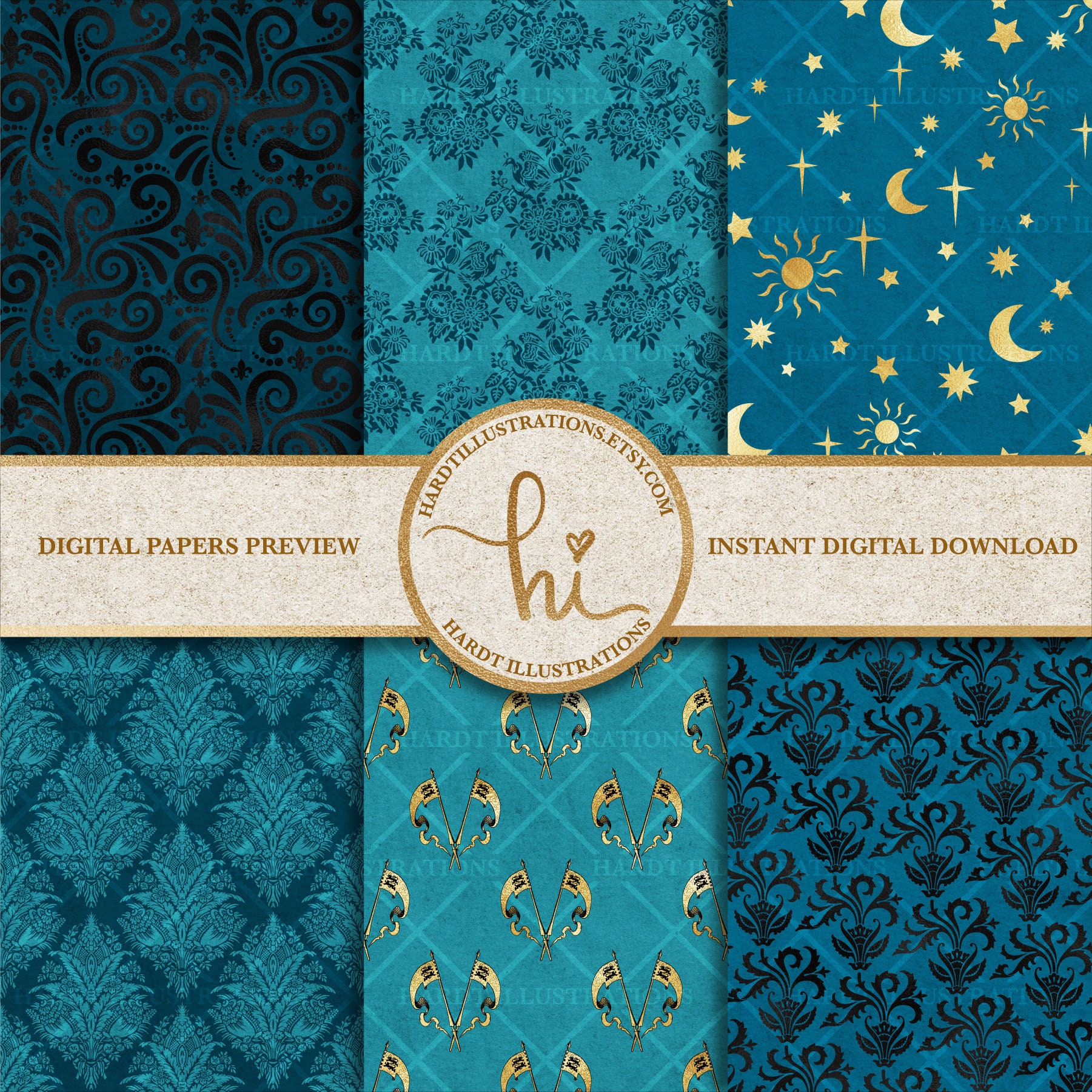 Teal & Gold Foil Heraldic Digital Paper Turquoise Medieval | Etsy