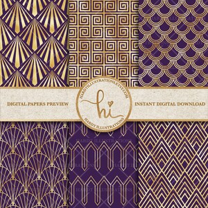 Purple & Gold Foil Art Deco Digital Paper, Geometric Design, Vintage ...