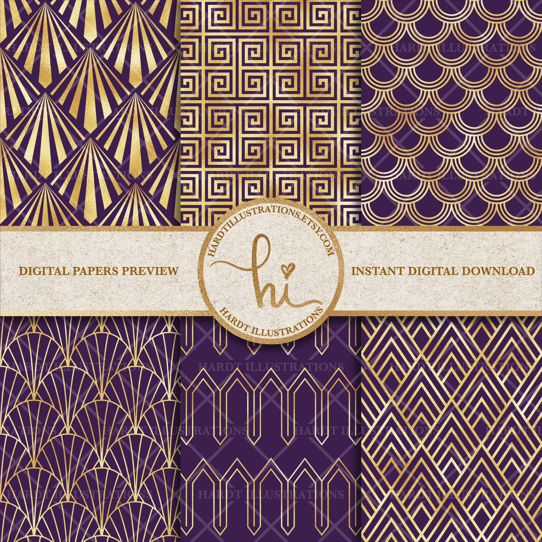 Purple & Gold Foil Art Deco Digital Paper Geometric Design | Etsy