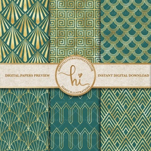 Teal & Gold Foil Art Deco Digital Paper, Geometric Design, Vintage ...