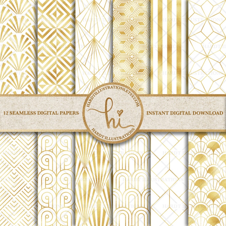 White & Gold Foil Art Deco Digital Paper Geometric Design - Etsy
