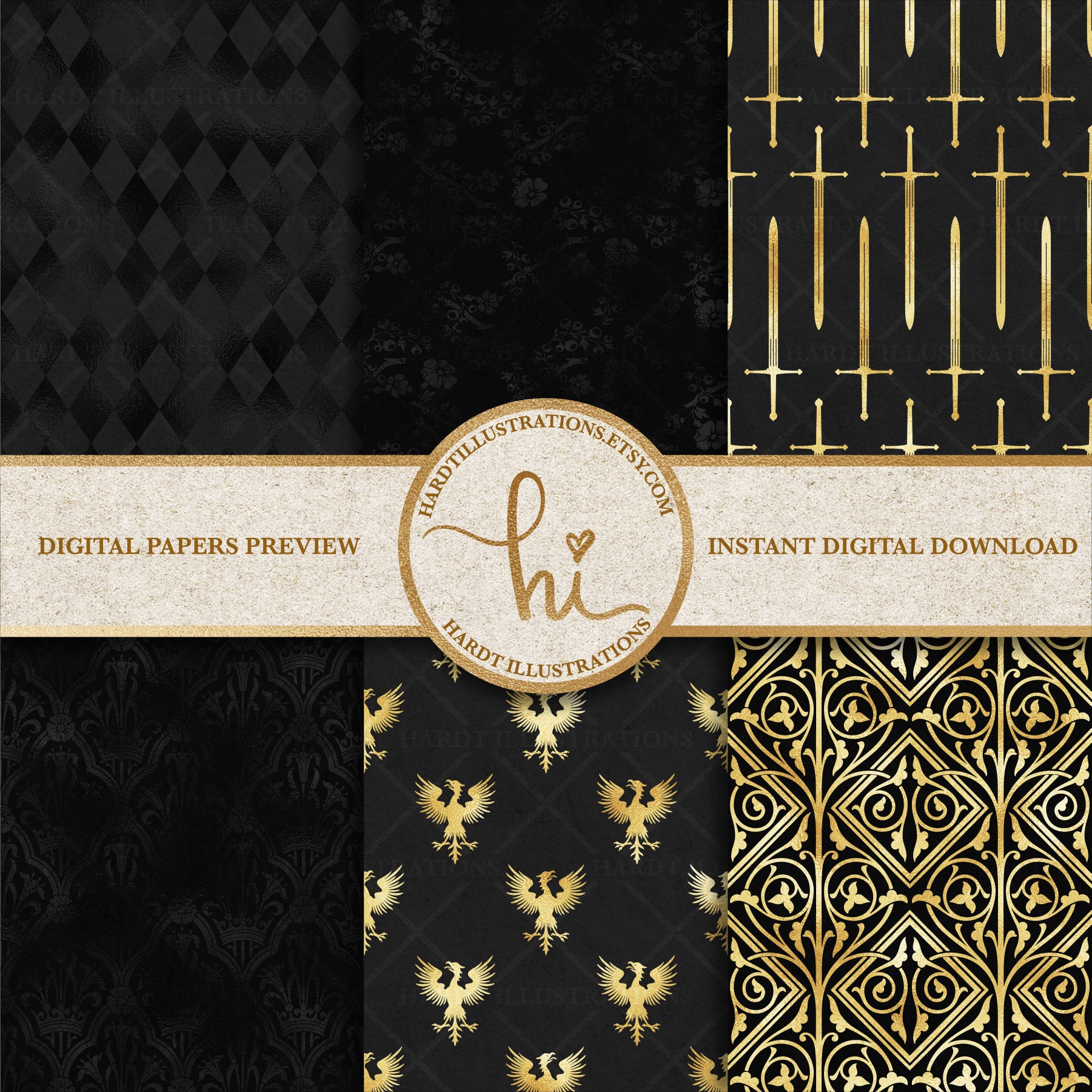 Black & Gold Foil Heraldic Digital Paper Vintage Medieval | Etsy