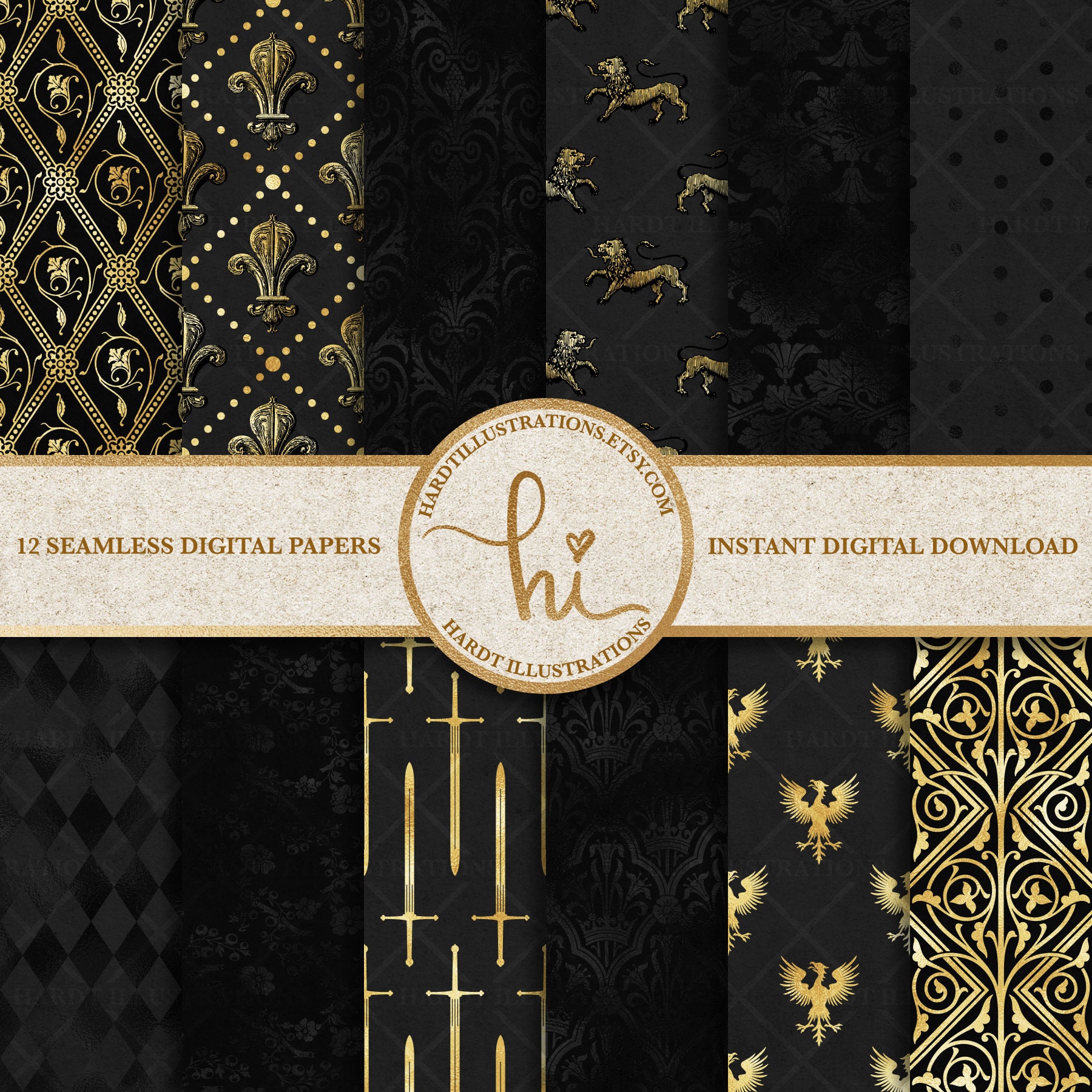 Black & Gold Foil Heraldic Digital Paper Vintage Medieval - Etsy