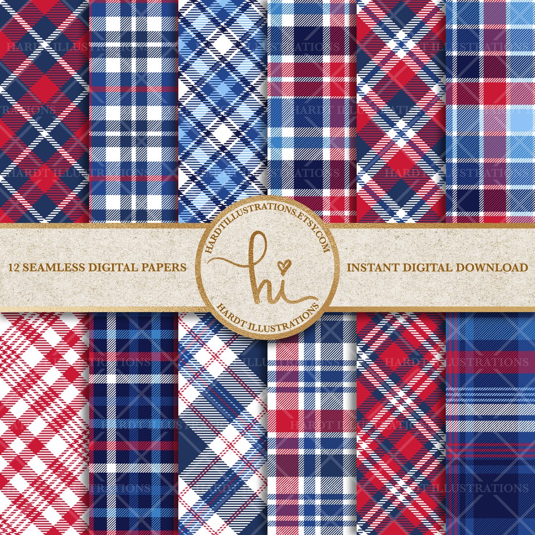 Red, White, & Blue Plaid Digital Paper, Patriotic Plaid Check, Tartan ...