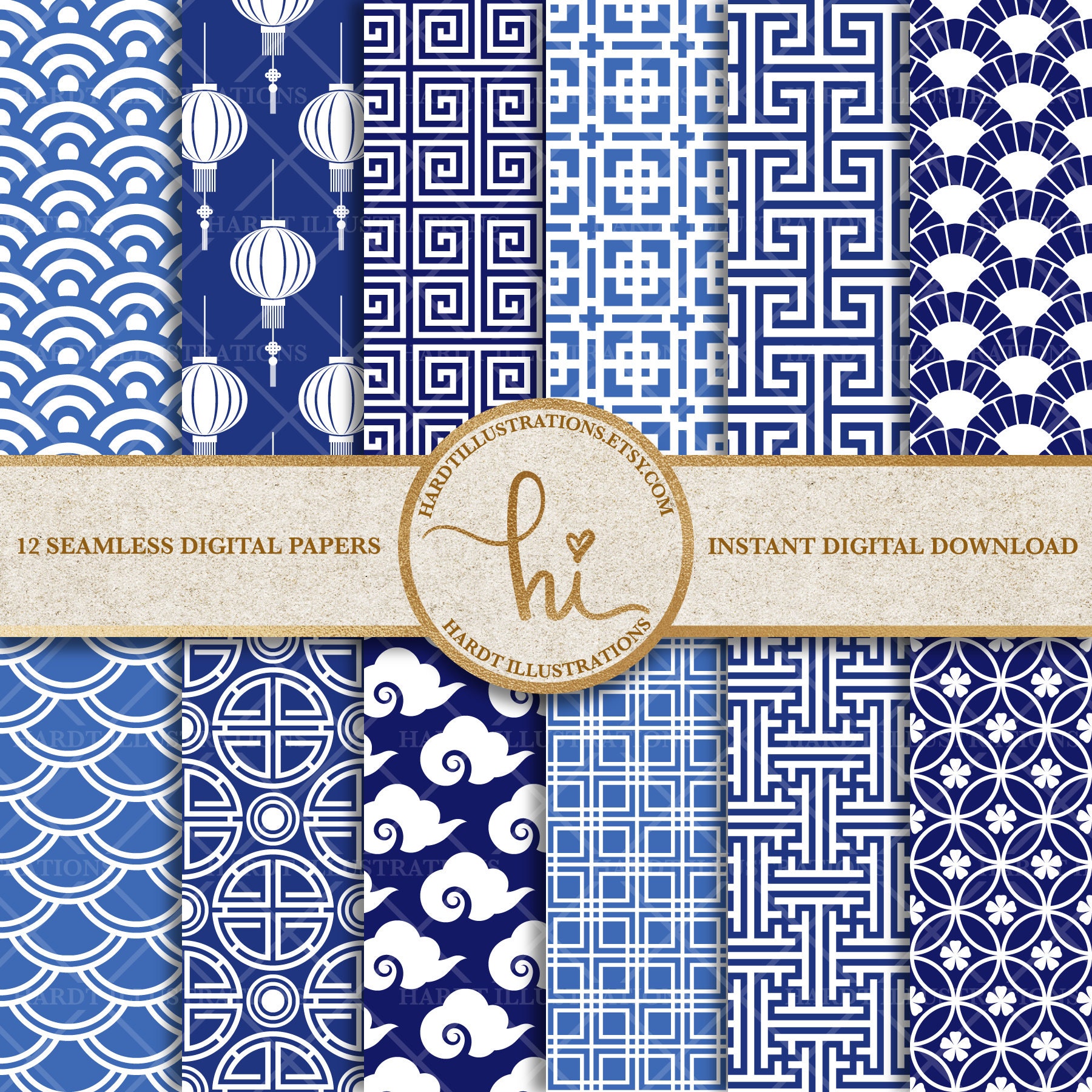 Blue & White China Digital Paper China Blue Geometric Asian - Etsy