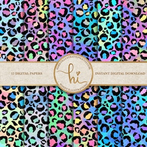 Holographic Leopard Print Digital Paper, Neon Rainbow Digital Paper ...