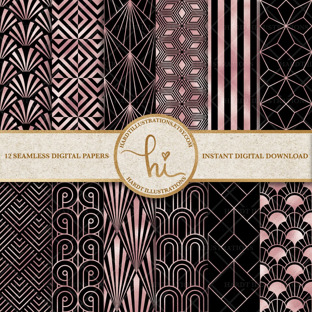 Black & Rose Gold Foil Art Deco Digital Paper, Geometric Design ...