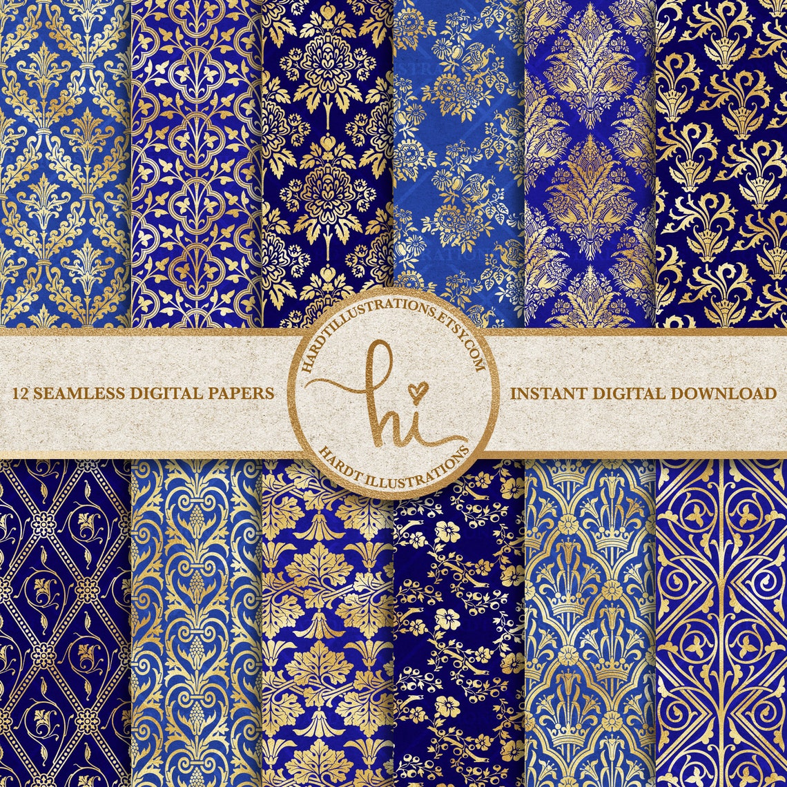 Blue & Gold Foil Damask Digital Paper Vintage Navy | Etsy