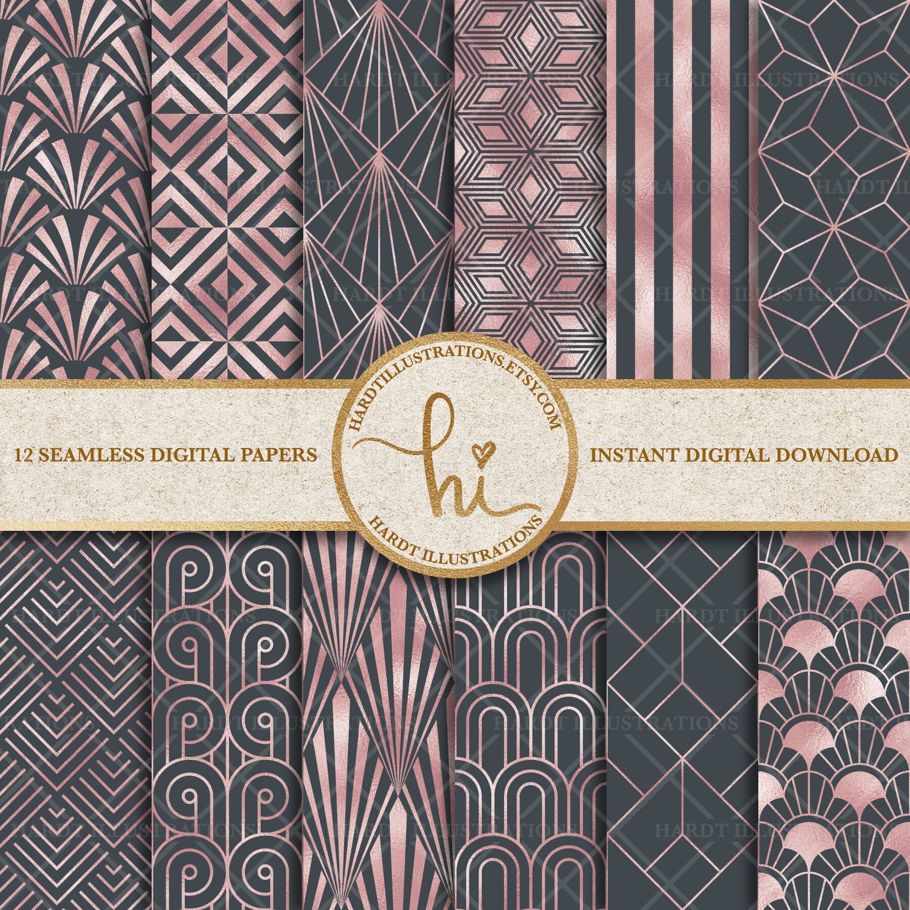 Charcoal & Rose Gold Foil Art Deco Digital Paper Geometric | Etsy