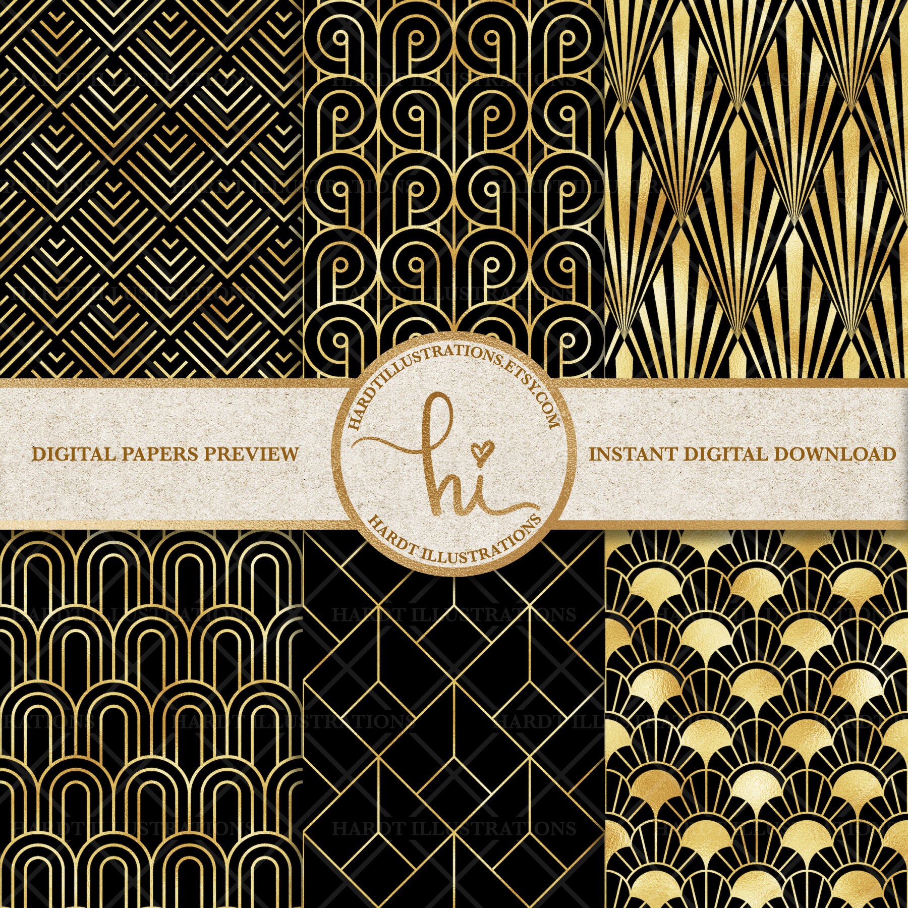 Black & Gold Foil Art Deco Digital Paper Geometric Design - Etsy