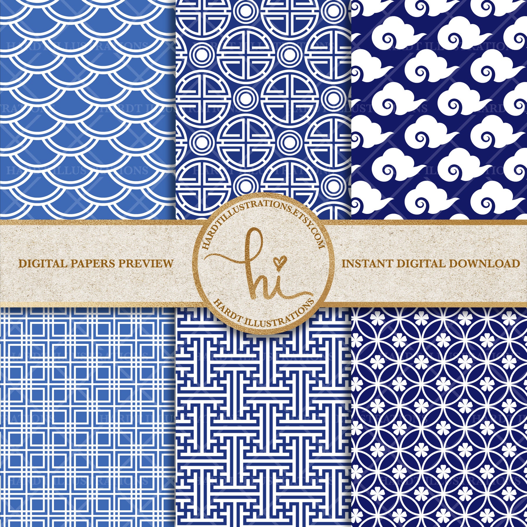 Blue & White China Digital Paper China Blue Geometric Asian - Etsy