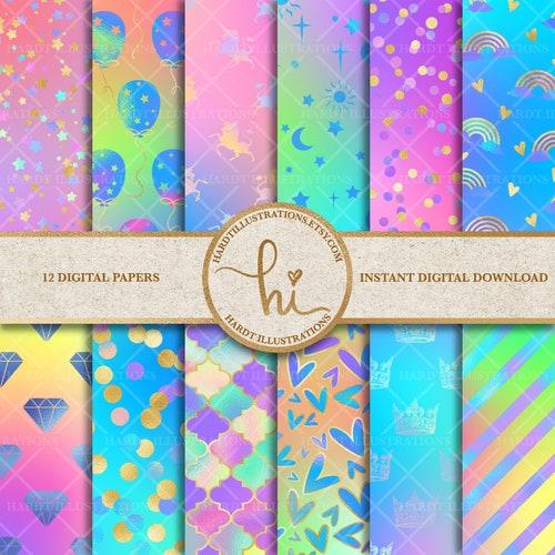 Neon Holographic Designs Digital Paper Geometric Rainbow - Etsy