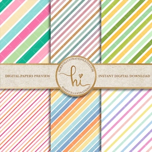 Pastel Stripe Digital Paper, Rainbow Candy Stripes Design, Diagonal ...