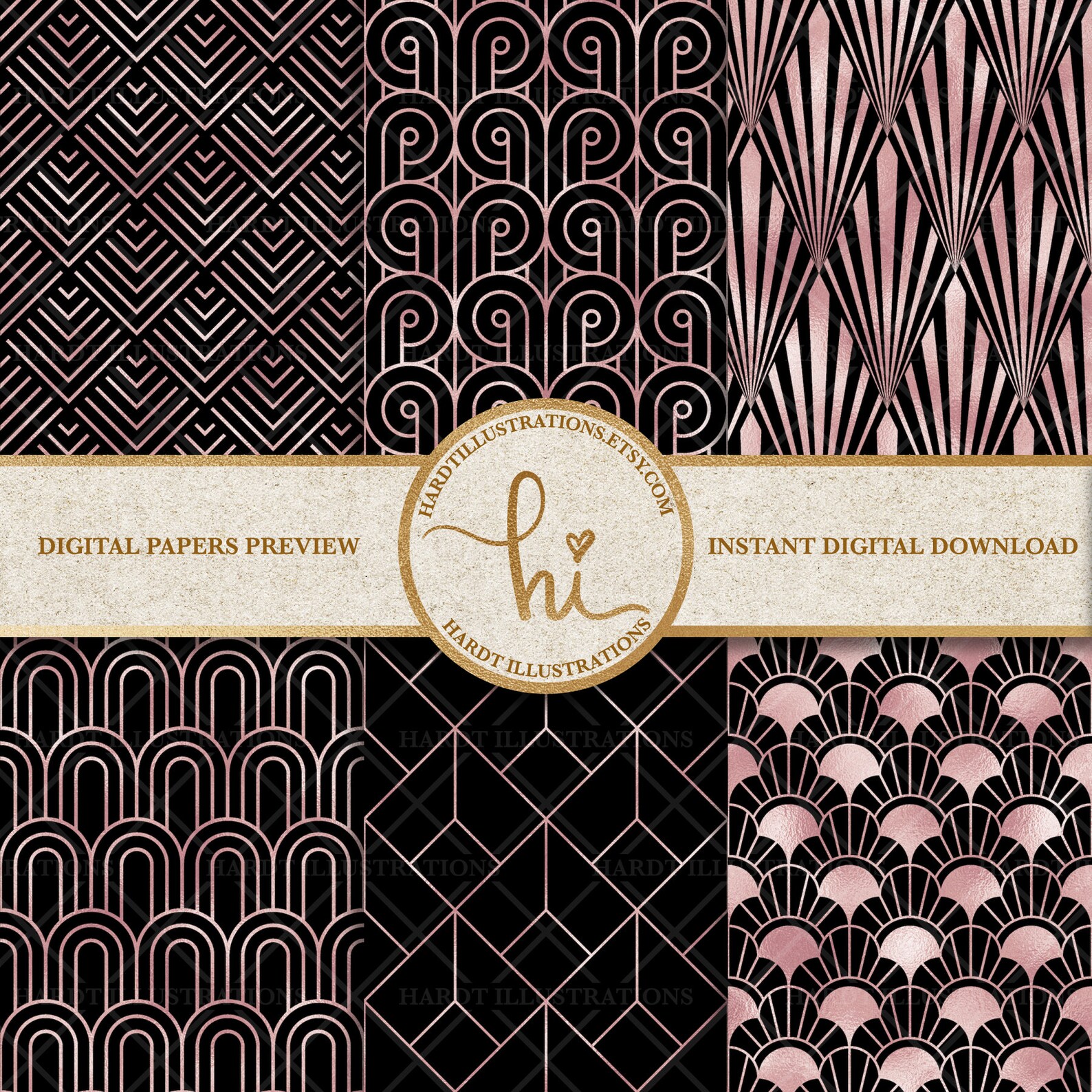Black & Rose Gold Foil Art Deco Digital Paper Geometric | Etsy