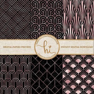 Black & Rose Gold Foil Art Deco Digital Paper, Geometric Design ...