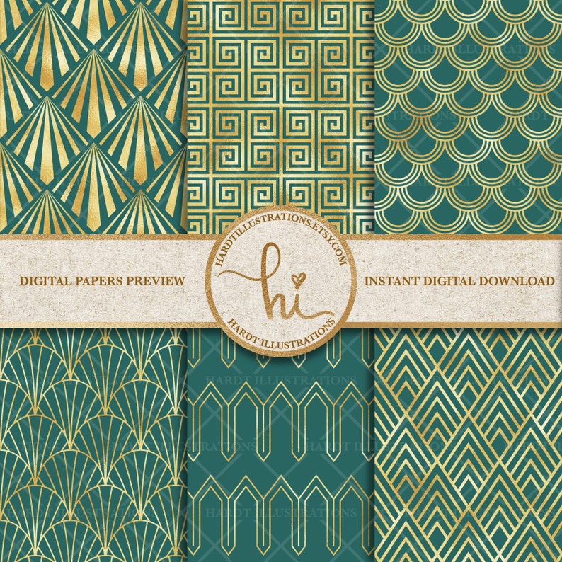 Teal & Gold Foil Art Deco Digital Paper Geometric Design | Etsy