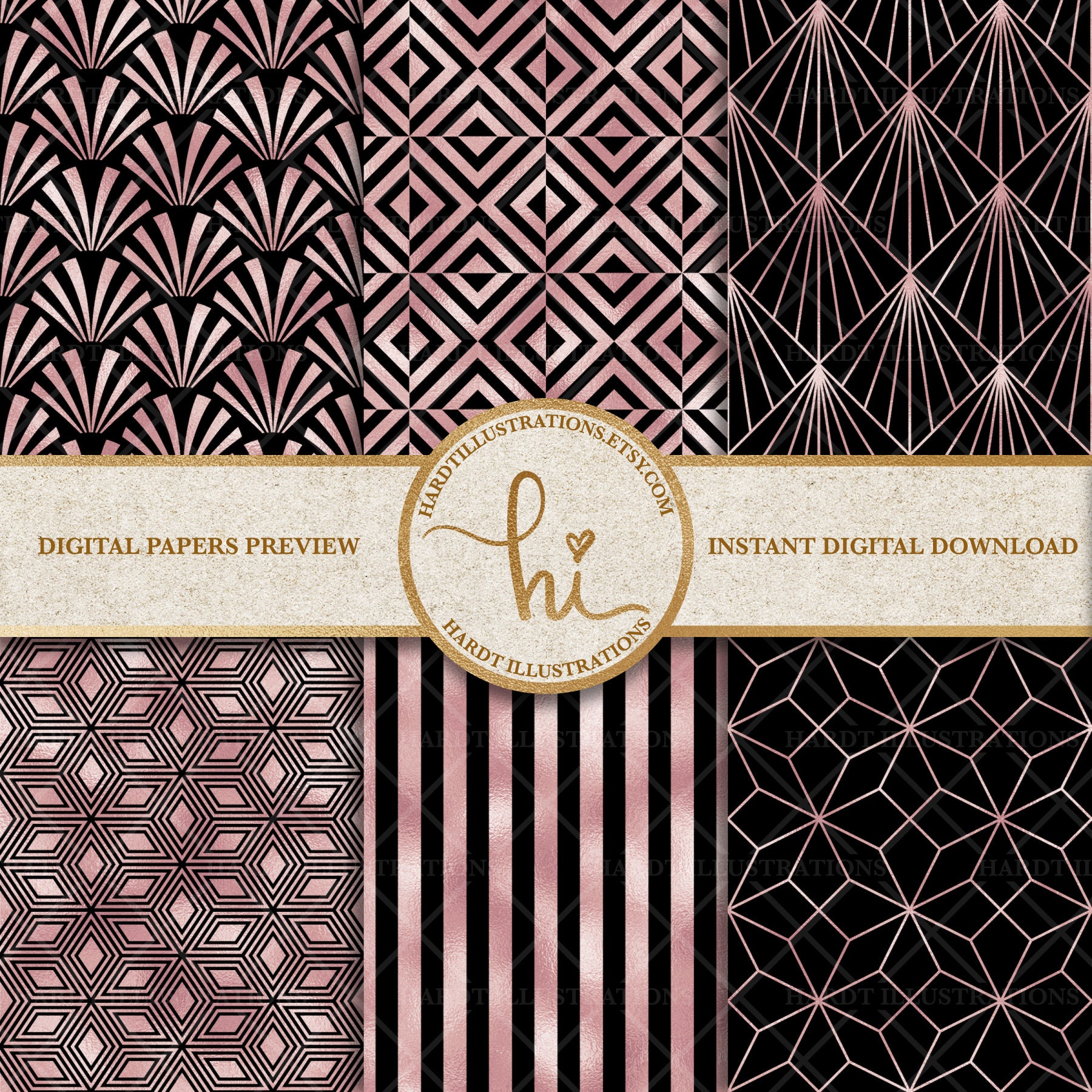 Black & Rose Gold Foil Art Deco Digital Paper Geometric | Etsy
