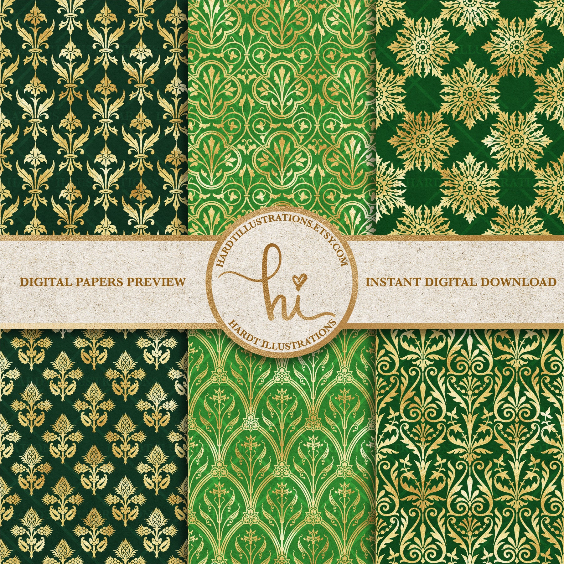 Green & Gold Foil Damask Digital Paper Vintage Emerald - Etsy