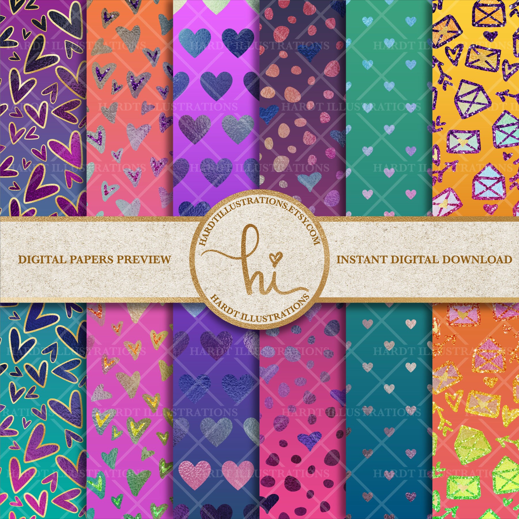 Holographic Hearts Digital Paper Neon Rainbow Digital Paper | Etsy