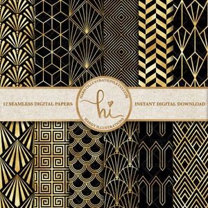Black & Gold Foil Art Deco Digital Paper, Geometric Design, Vintage ...