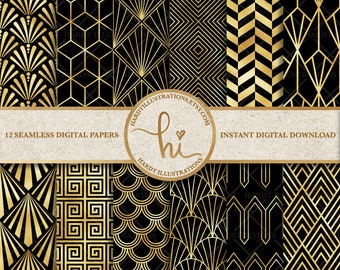 Black & Gold Foil Art Deco Digital Paper Geometric Design | Etsy