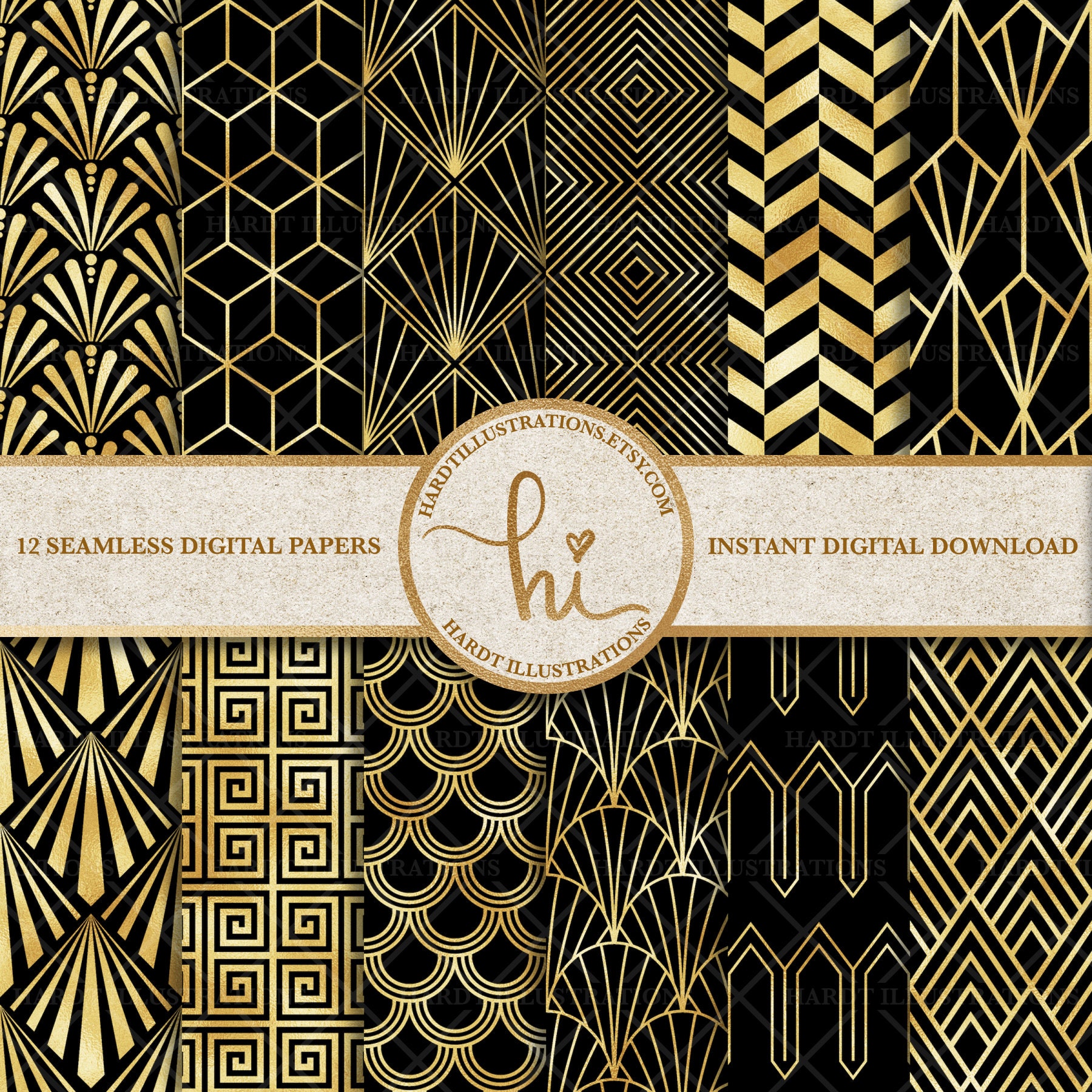Black & Gold Foil Art Deco Digital Paper Geometric Design - Etsy