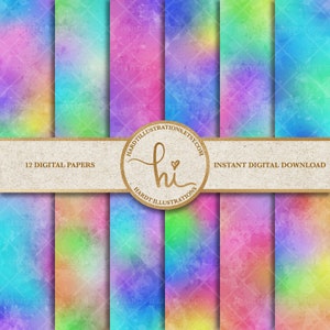 Neon Rainbow Watercolor Digital Paper, Ombre Grunge Gradient Wallpaper ...