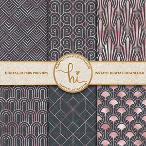Charcoal & Rose Gold Foil Art Deco Digital Paper Geometric - Etsy