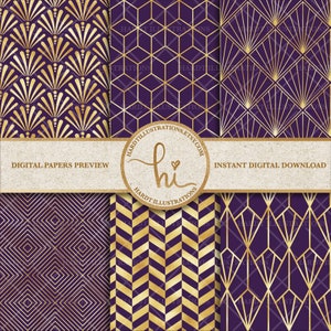Purple & Gold Foil Art Deco Digital Paper, Geometric Design, Vintage ...