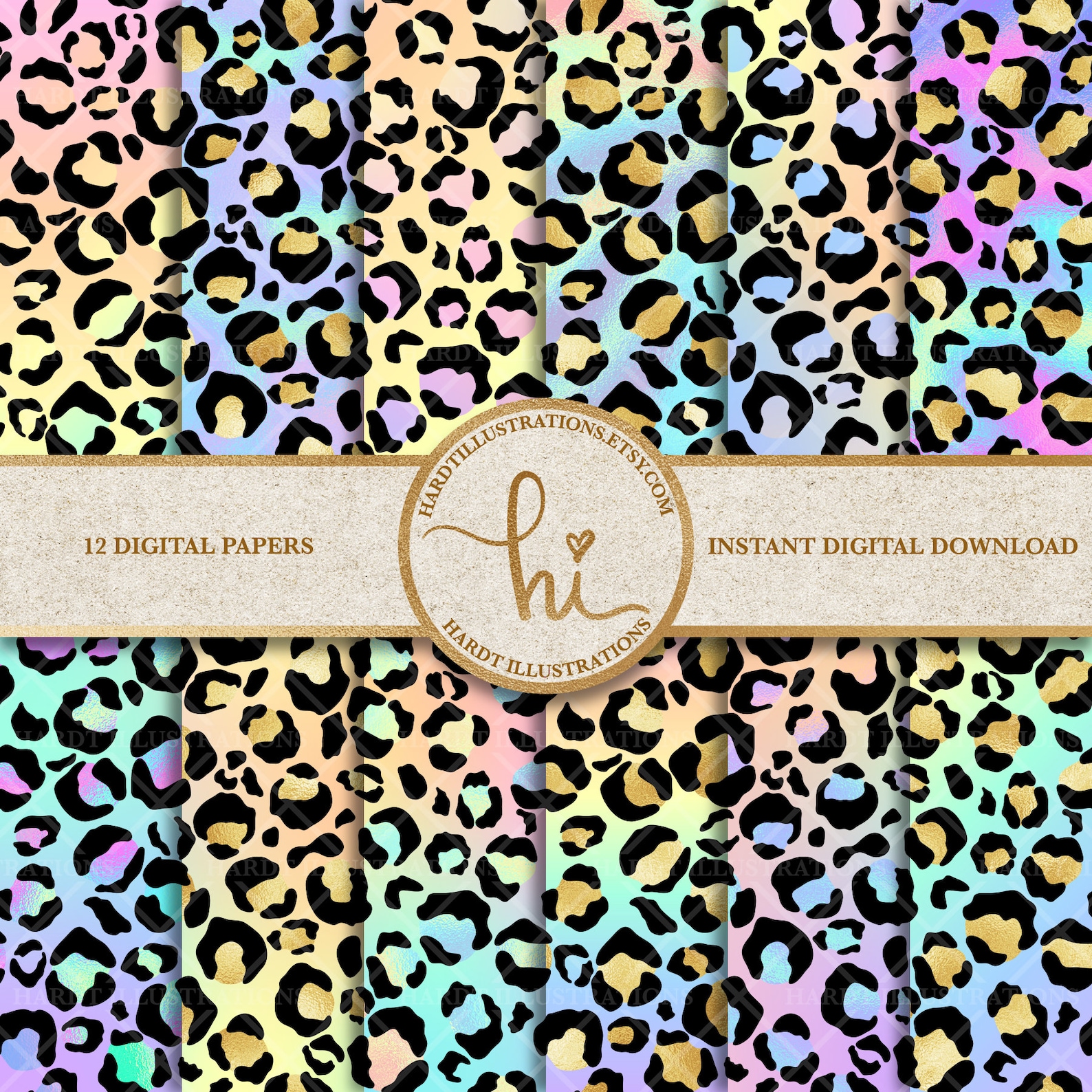 Pastel Leopard Print Digital Paper, Holographic Rainbow Digital Paper ...