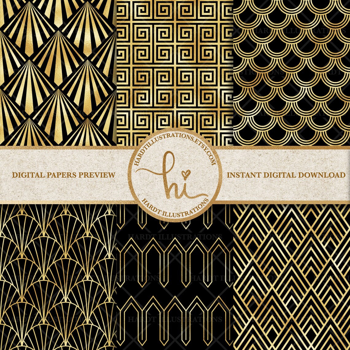 Black & Gold Foil Art Deco Digital Paper Geometric Design | Etsy