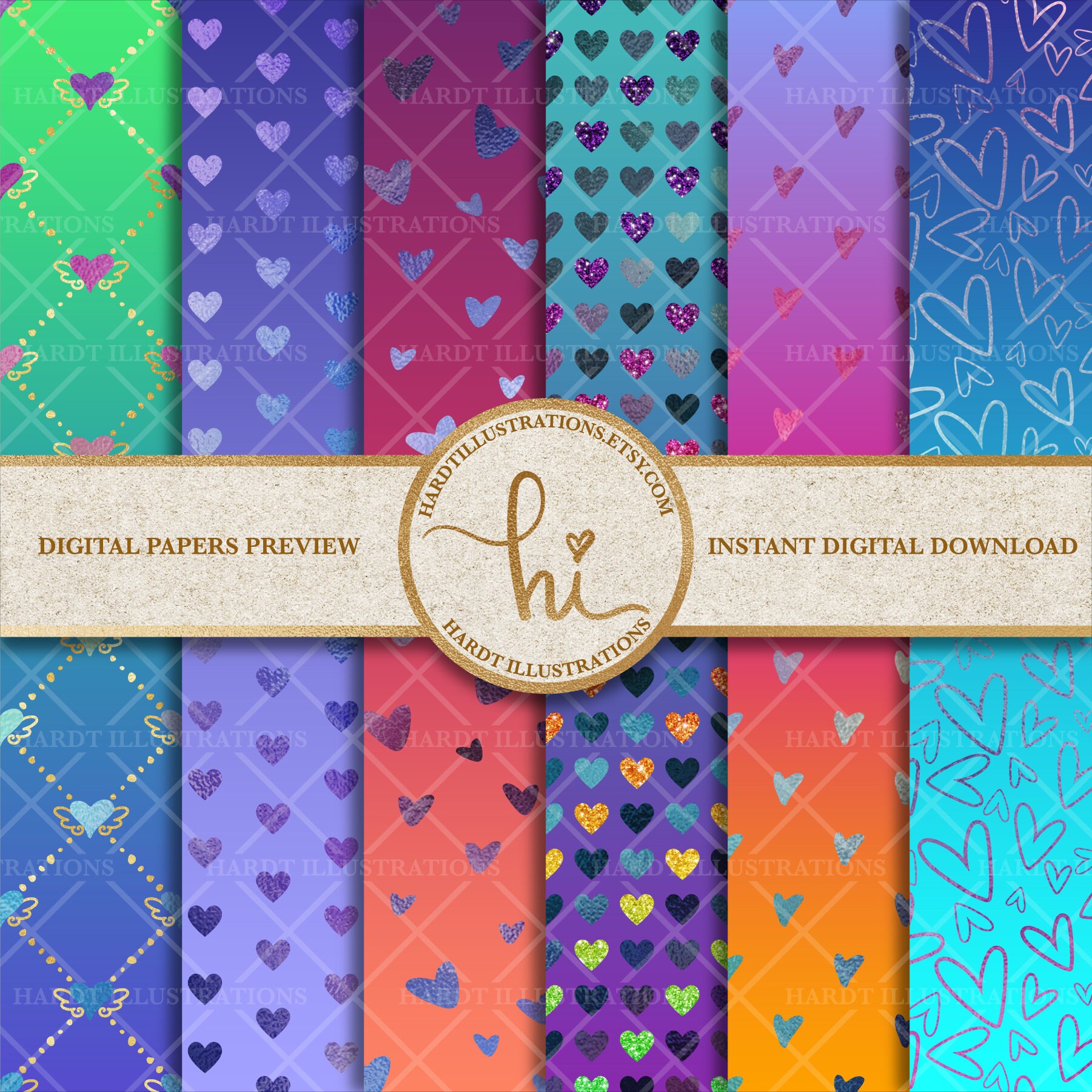 Holographic Hearts Digital Paper Neon Rainbow Digital Paper | Etsy