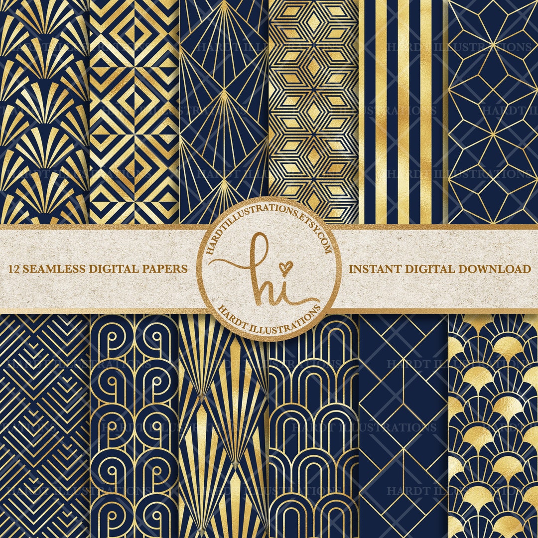 Navy & Gold Foil Art Deco Digital Paper, Geometric Design, Vintage ...