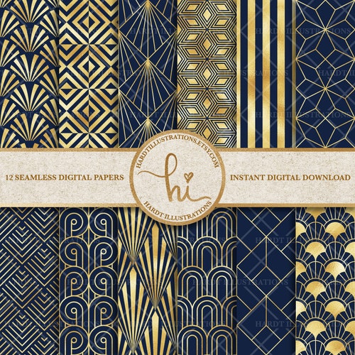 Teal & Gold Foil Art Deco Digital Paper Geometric Design - Etsy