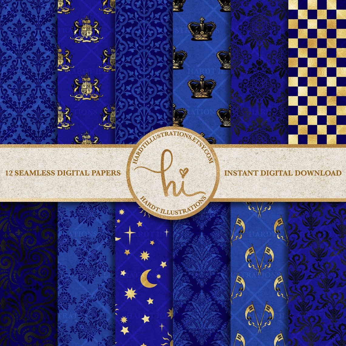 Blue & Gold Foil Heraldic Digital Paper Navy Medieval | Etsy