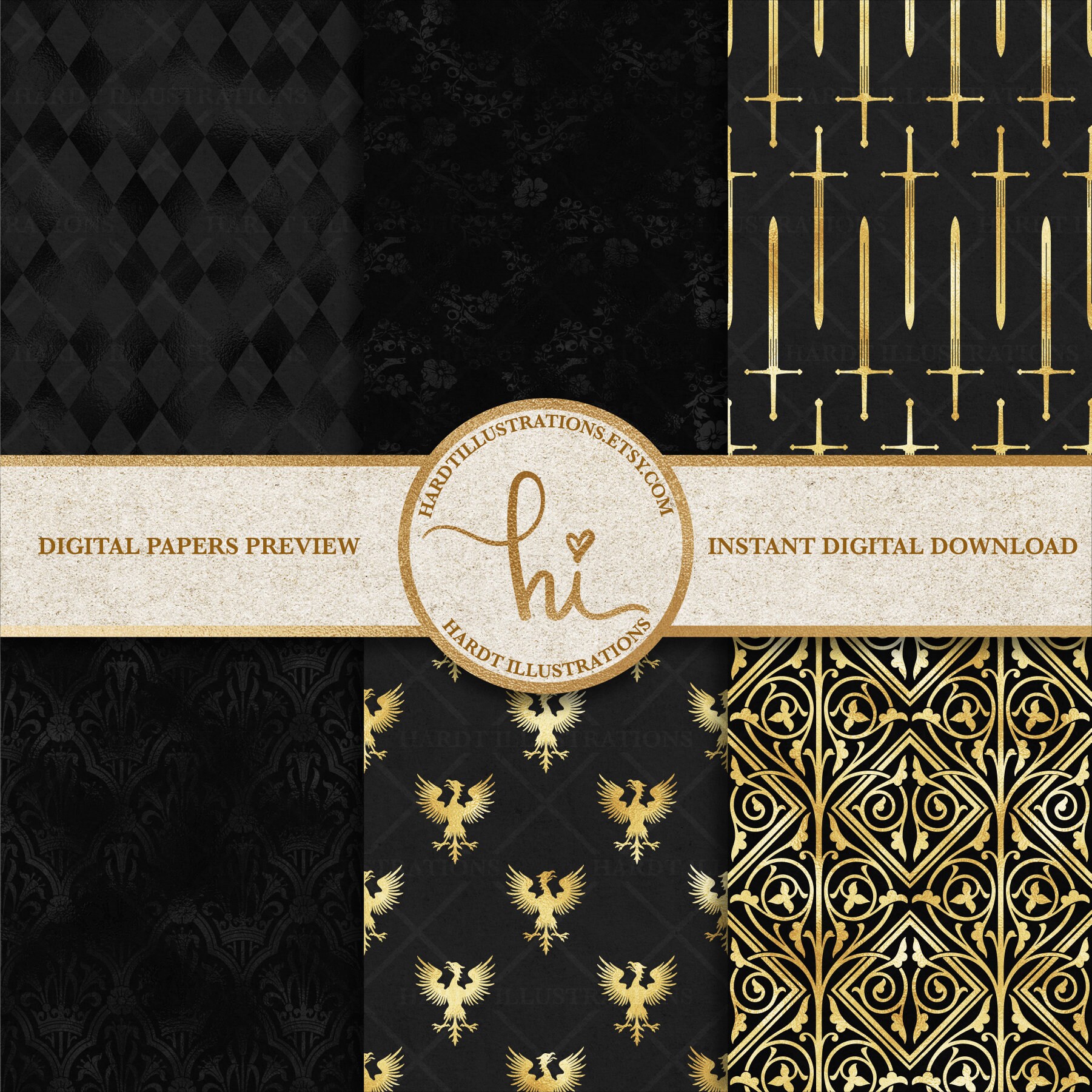 Black & Gold Foil Heraldic Digital Paper Vintage Medieval | Etsy