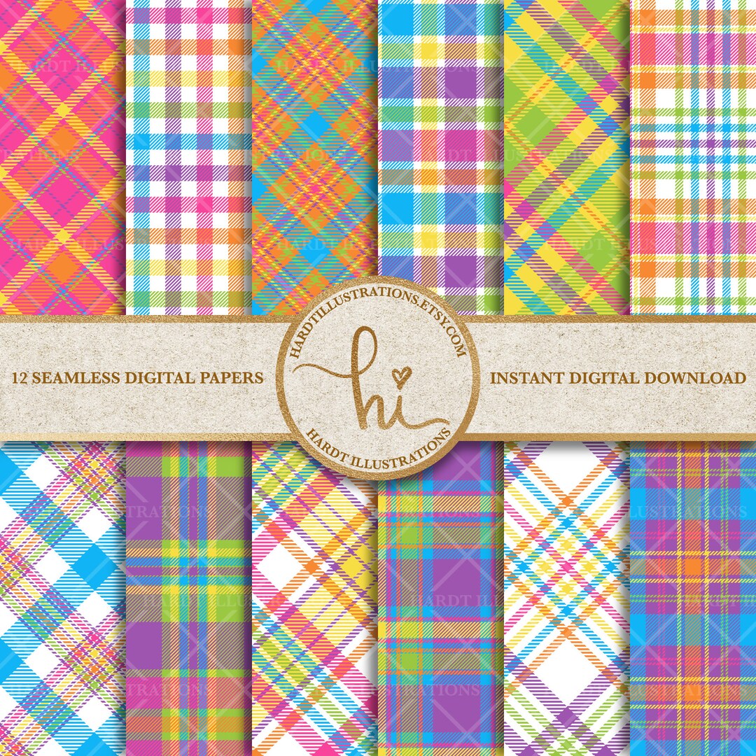 Bright Rainbow Plaid Digital Paper, Checkered Design, Summer Plaid ...