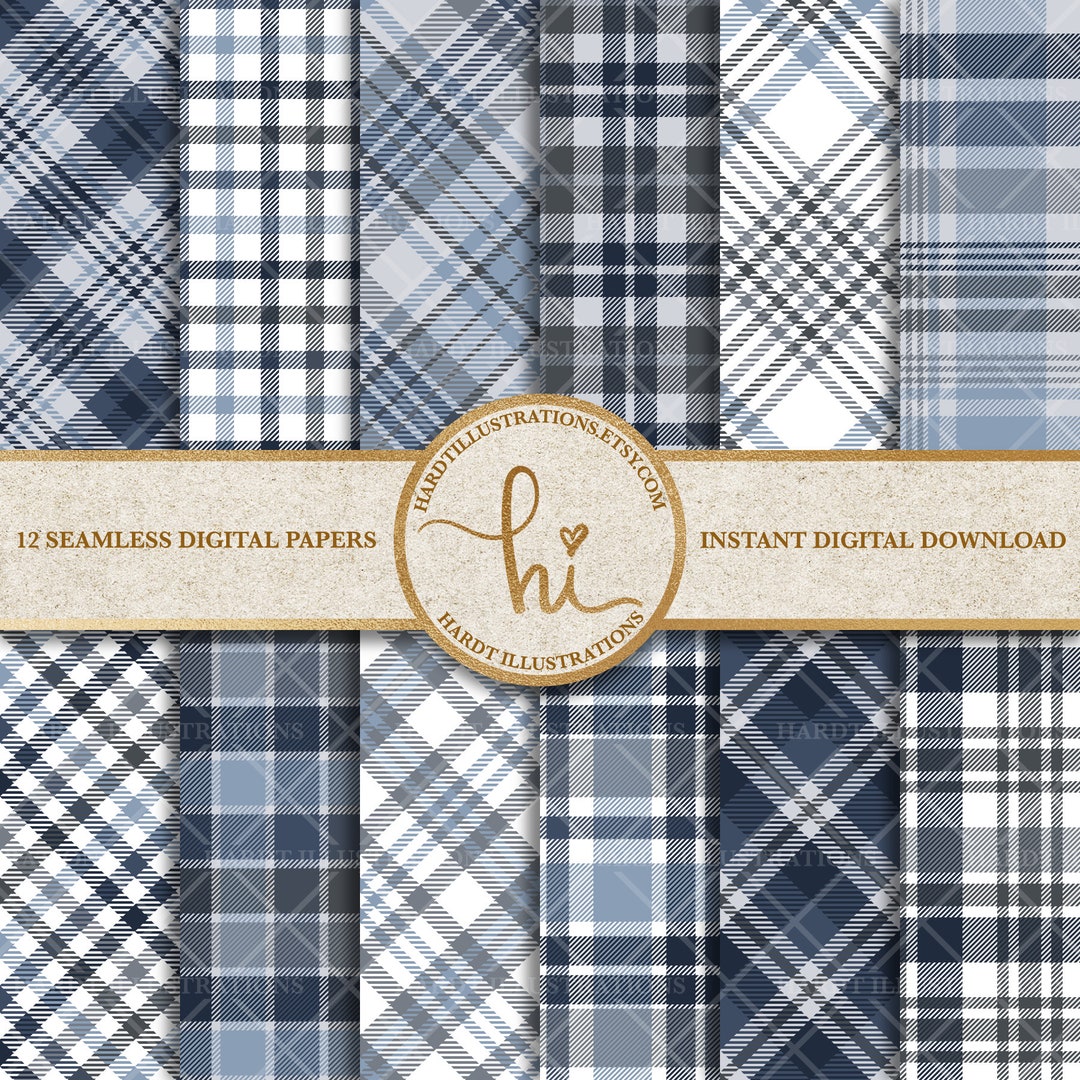 Gray & Blue Plaid Digital Paper, Checkered Design, Plaid Check Pattern ...