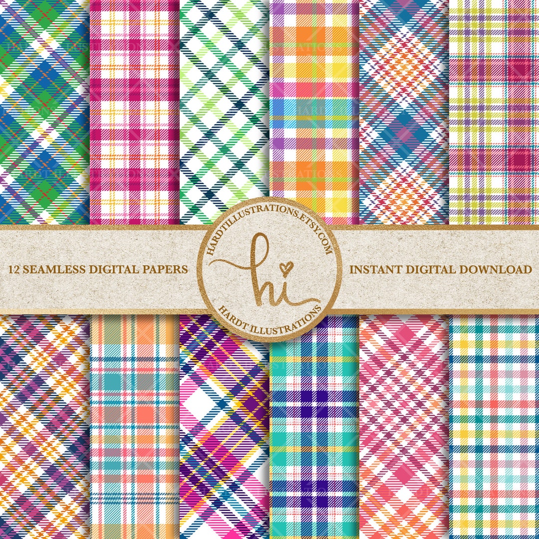 Summer Plaid Digital Paper, Bright Plaid Digital Paper, Rainbow Stripe ...